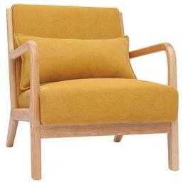 Miliboo Skandinavischer Sessel aus senfgelbem Stoff mit Samteffekt und hellem Massivholz DERRY