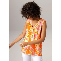 Aniston CASUAL Blusentop mit farbintensivem, großflächigem Blätter-Druck, gelb|orange|rosa