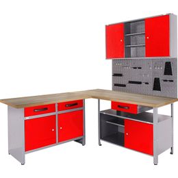 ONDIS24 Werkstatt-Set Basic One, 2x Werkbank, 1x Werkstattschrank, 3x Lochwand, grau|rot|schwarz