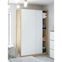 Garderobe Waterbury, Schlafzimmer Kleiderschrank mit 2 Schiebetüren, Schrank mit 3 Einlegeböden und Kleiderstange, 120x50h200 cm, Weiß und Eiche Nodi