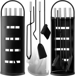 Kesser® Kaminzubehör 5-teiliges Kaminbesteck Set – Modern Design, beschichtet, Hochwertige Kamingarnitur aus 5 Teilen: Besen, Schaufel, Schürhaken, Zange, Ständer mit Sichtschutz Edelstahl