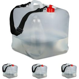 Faltbarer Wasserkanister, 4er Set, 20 l, Wasserbehälter mit Zapfhahn & Tragegurt, BPA-frei, transparent/rot - Relaxdays
