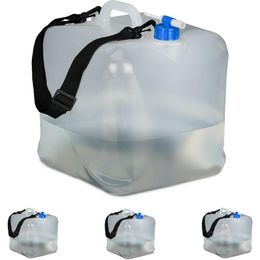 Faltbarer Wasserkanister, 4er Set, 20 l, Wasserbehälter mit Zapfhahn & Tragegurt, BPA-frei, transparent/blau - Relaxdays