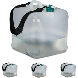 Faltbarer Wasserkanister, 4er Set, 20 l, Wasserbehälter mit Zapfhahn & Tragegurt, BPA-frei, transparent/grün - Relaxdays