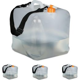 Faltbarer Wasserkanister, 4er Set, 20 l, Wasserbehälter mit Zapfhahn & Tragegurt, BPA-frei, transparent/orange - Relaxdays