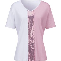 Damen V-Shirt mit Paillettenband ros&eacute;-wei&szlig;, Gr&ouml;&szlig;e 38