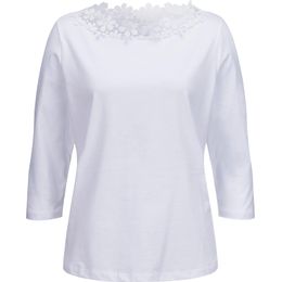 Damen 3/4-Arm-Shirt mit transparenter Bl&uuml;ten-Spitze wei&szlig;, Gr&ouml;&szlig;e 50