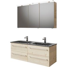 Saphir Badmöbel-Set Serie 6025 2-teilig Mineralmarmor-Waschtisch mit LED-Spiegelschrank, (2-St), Waschplatz 132cm breit, 4 Schubladen, 2 Spiegel-Türen, inkl Türdämpfer, braun