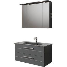 Saphir Badmöbel-Set Serie 6025 2-teilig Mineralmarmor-Waschtisch mit LED-Spiegelschrank, (2-St), Waschplatz 97 cm breit, 2 Schubladen, 3 Spiegel-Türen, inkl Türdämpfer, grau