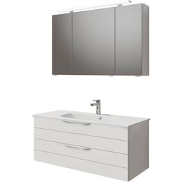 Saphir Badmöbel-Set Serie 6025 2-teilig Mineralmarmor-Waschtisch mit LED-Spiegelschrank, (2-St), Waschplatz 117cm breit, 2 Schubladen, 3 Spiegel-Türen, inkl Türdämpfer, weiß