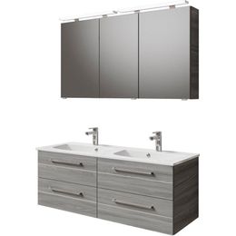 Saphir Badmöbel-Set Serie 6025 2-teilig Mineralmarmor-Waschtisch mit LED-Spiegelschrank, (2-St), Waschplatz 132cm breit, 4 Schubladen, 2 Spiegel-Türen, inkl Türdämpfer, grau