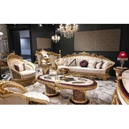 JVmoebel Wohnzimmer-Set Weiß-Goldene Sofagarnitur 3+1 Sitzer Couchtisch Set 3tlg Sofa
