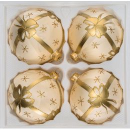 Navidacio Weihnachtsbaumkugel 4tlg. Glas-Weihnachtskugel Set 8cm Ø "Ice Champagner Goldene Schleife"