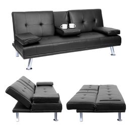 3er-Sofa MCW-F60, Couch Schlafsofa G&auml;stebett, Tassenhalter verstellbar 97x166cm ~ Kunstleder, schwarz