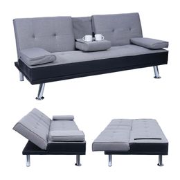 3er-Sofa MCW-F60, Couch Schlafsofa G&auml;stebett, Tassenhalter verstellbar 97x166cm ~ Kunstleder/Textil, schwarz/hellgrau