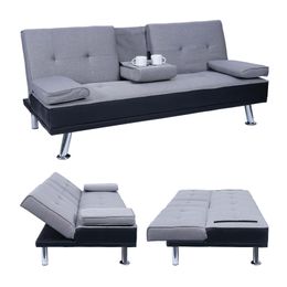 3er-Sofa MCW-F60, Couch Schlafsofa Gästebett, Tassenhalter verstellbar 97x166cm ~ Kunstleder/Textil, schwarz/hellgrau