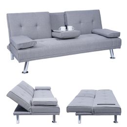 3er-Sofa MCW-F60, Couch Schlafsofa G&auml;stebett, Tassenhalter verstellbar 97x166cm ~ Textil, hellgrau