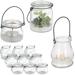 Windlicht Glas, 12er Set, Teelichthalter mit schwarzem Henkel, 3 versch. Größen, Kerzenglas, rund, transparent - Relaxdays