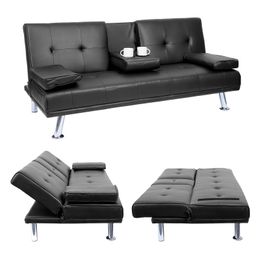 3er-Sofa MCW-F60, Couch Schlafsofa Gästebett, Tassenhalter verstellbar 97x166cm ~ Kunstleder, schwarz