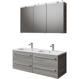 Saphir Badmöbel-Set Serie 6025 2-teilig Mineralmarmor-Waschtisch mit LED-Spiegelschrank, (2-St), Waschplatz 132cm breit, 4 Schubladen, 2 Spiegel-Türen, inkl Türdämpfer, grau