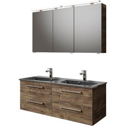 Saphir Badmöbel-Set Serie 6025 2-teilig Mineralmarmor-Waschtisch mit LED-Spiegelschrank, (2-St), Waschplatz 132cm breit, 4 Schubladen, 2 Spiegel-Türen, inkl Türdämpfer, braun