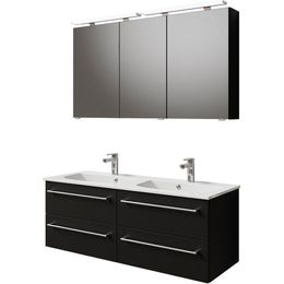 Saphir Badmöbel-Set Serie 6025 2-teilig Mineralmarmor-Waschtisch mit LED-Spiegelschrank, (2-St), Waschplatz 132cm breit, 4 Schubladen, 2 Spiegel-Türen, inkl Türdämpfer, schwarz