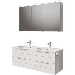 Saphir Badmöbel-Set Serie 6025 2-teilig Mineralmarmor-Waschtisch mit LED-Spiegelschrank, (2-St), Waschplatz 132cm breit, 4 Schubladen, 2 Spiegel-Türen, inkl Türdämpfer, weiß