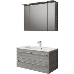 Saphir Badmöbel-Set Serie 6025 2-teilig Mineralmarmor-Waschtisch mit LED-Spiegelschrank, (2-St), Waschplatz 97 cm breit, 2 Schubladen, 3 Spiegel-Türen, inkl Türdämpfer, grau|weiß