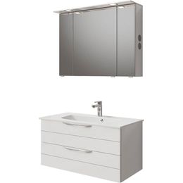 Saphir Badmöbel-Set Serie 6025 2-teilig Mineralmarmor-Waschtisch mit LED-Spiegelschrank, (2-St), Waschplatz 97 cm breit, 2 Schubladen, 3 Spiegel-Türen, inkl Türdämpfer, weiß