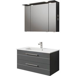Saphir Badmöbel-Set Serie 6025 2-teilig Mineralmarmor-Waschtisch mit LED-Spiegelschrank, (2-St), Waschplatz 97 cm breit, 2 Schubladen, 3 Spiegel-Türen, inkl Türdämpfer, grau
