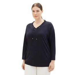 Tom Tailor Große Größen: Langarmshirt mit gerüschtem V-Ausschnitt, dunkelblau, Gr.52