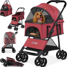 Hundewagen 2in1 Hundebuggy Hundebox Transporttasche Faltbar klappbar bis 20 kg Haustiere Buggy mit Netzfenstern & Regenschutzabdeckung Jogger Rot