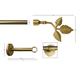 Gardinenstange SHEET, Garesa, Ø 16 mm, 1-läufig, Wunschmaßlänge, mit Bohren, verschraubt, Metall, Vorhanggarnitur, verlängerbar, Knopf mit Blätter, ohne Ringe, goldfarben