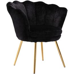 Armlehnstuhl Sessel Samt Polsterstuhl mit Goldenen Metallbeinen Schminkstuhl für Schlafzimmer, Kunstfell, Schwarz