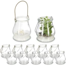 Windlicht, 12er Set, Glas, silberne & goldene Henkel, innen & außen, Teelichthalter, 10 x 8,5 cm, transparent - Relaxdays