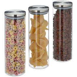 Vorratsglas 3er Set, luftdicht, Edelstahl Deckel, für Pasta, Müsli & Reis, 1,6 l Küchenbehälter, transparent - Relaxdays