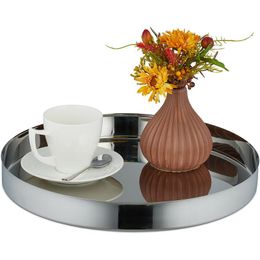 Serviertablett rund, modernes Design, mit Rand, Frühstück im Bett, Edelstahl, HxD: 4x35cm, Dekotablett, silber - Relaxdays