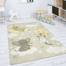 Paco Home - Kinderteppich Teppich Kinderzimmer Spielmatte Stern Wolke Mond Beige Weiß 150 cm Rund