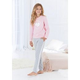 Buffalo Pyjama (2 tlg., 1 Stück) mit Herzdruck und Streifen am Bein, grau|rosa