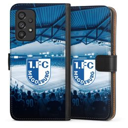 DeinDesign Galaxy A53 5G Handy Klapph&uuml;lle Handyh&uuml;lle aus Kunst Leder schwarz Flip Case 1. Fcm Stadium 1. Fc Magdeburg Sideflip mit langer Lasche