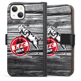DeinDesign iPhone 13 Handy Klapph&uuml;lle Handyh&uuml;lle aus Kunst Leder schwarz Flip Case 1. Fc K&ouml;ln Wooden Look Official Licensed Product Sideflip mit Lasche