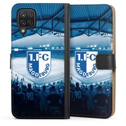 DeinDesign Galaxy A12 Handy Klapph&uuml;lle Handyh&uuml;lle aus Kunst Leder schwarz Flip Case Stadium 1. Fcm 1. Fc Magdeburg Sideflip mit langer Lasche