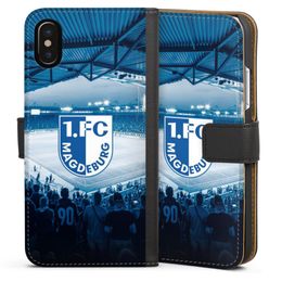 DeinDesign iPhone X Handy Klapph&uuml;lle Handyh&uuml;lle aus Kunst Leder schwarz Flip Case Stadium 1. Fcm 1. Fc Magdeburg Sideflip mit langer Lasche