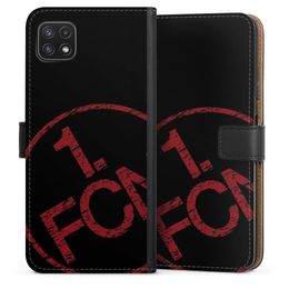DeinDesign Galaxy A22 5G Handy Klapph&uuml;lle Handyh&uuml;lle aus Kunst Leder schwarz Flip Case 1. Fcn Merchandise Texture Sideflip mit langer Lasche