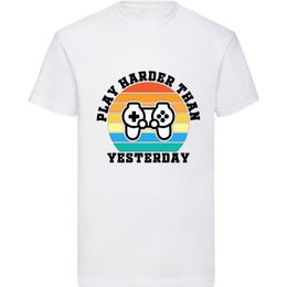 Banco T-Shirt Play harder than Yesterday 100% Baumwolle Gaming Freizeitmode, weiß, L, Weiß