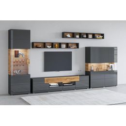 Inosign Wohnwand Toledo,Breite 384cm stilvolle Mediawand ohne Beleuchtung, (Set, 5-St), Anbauwand(Vitrine,Lowboard,Highboard,2xHängeregal)MDF Hochglanzfronten, grau