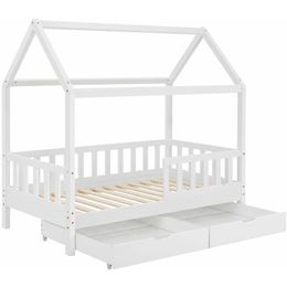 Kinderbett Marli 80 x 160 cm mit Bettkasten 2-teilig, Rausfallschutz, Lattenrost & Dach - Massivholz Hausbett für Kinder - Bett in Weiß - Juskys