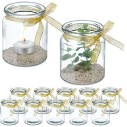 Windlicht, 12er Set, aus Glas, innen & außen, h x d: 9,5 x 8 cm, Teelichthalter mit Schleife, transparent/gold - Relaxdays
