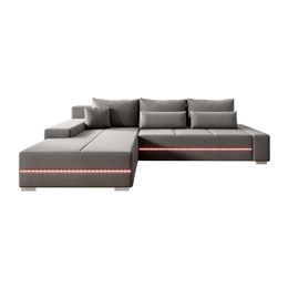 Juskys Sofa Davos Rechts - Bequemes Ecksofa mit Schlaffunktion, Bettkasten, Samt & LEDs - Hellgrau