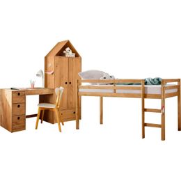 Lüttenhütt Lüttenhütt Jugendzimmer-Set Alpi, (Spar-Set, 3-St), Hochbett, Schreibtisch und Kleiderschrank in Hausoptik, platzsparend, beige